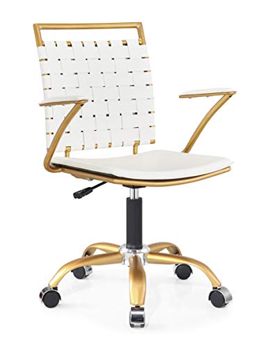 LUXMOD Vanity Chair Gold Office Chair Mid Back Ergonomic Swivel Computer Desk Chair with Arms, Ergonomic White Leather Chair for Lumbar Support & Extra Back,Home Office Chair for Desk