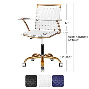 LUXMOD Vanity Chair Gold Office Chair Mid Back Ergonomic Swivel Computer Desk Chair with Arms, Ergonomic White Leather Chair for Lumbar Support & Extra Back,Home Office Chair for Desk