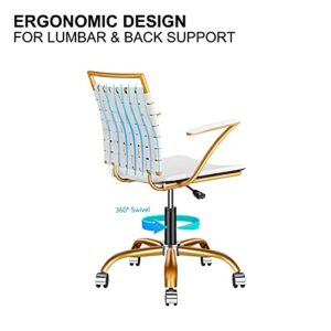 LUXMOD Vanity Chair Gold Office Chair Mid Back Ergonomic Swivel Computer Desk Chair with Arms, Ergonomic White Leather Chair for Lumbar Support & Extra Back,Home Office Chair for Desk