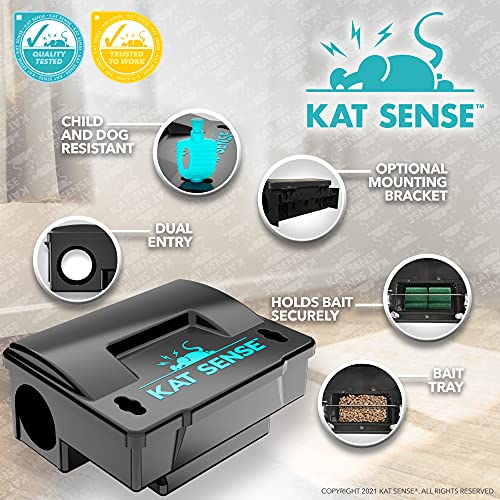 Kat Sense Rat Bait Station Traps, Reusable Humane Rodent Box Against Mice Chipmunks N Squirrels That Work, Smart Tamper Proof Cage House to Secure Bait Block and Pellets, Mouse Bait Station Outdoor