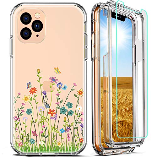 FIRMGE for iPhone 11 Pro Max Case, with 2 x Tempered Glass Screen Protector 360 Full-Body Coverage Hard PC TPU Silicone 3 in 1 Military Grade Shockproof Floral Phone Protective Cover- Clear Flower 01