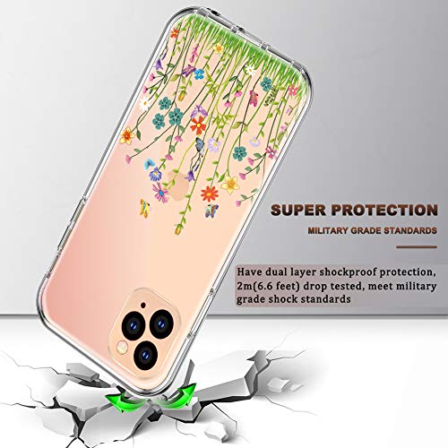 FIRMGE for iPhone 11 Pro Max Case, with 2 x Tempered Glass Screen Protector 360 Full-Body Coverage Hard PC TPU Silicone 3 in 1 Military Grade Shockproof Floral Phone Protective Cover- Clear Flower 01