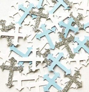 100pieces 2.5inche baby blue silver white glitter cross confetti,religious party confetti,cross table confetti,religion, festival, wedding, engagement baby shower, boy baptism, birthday party decor