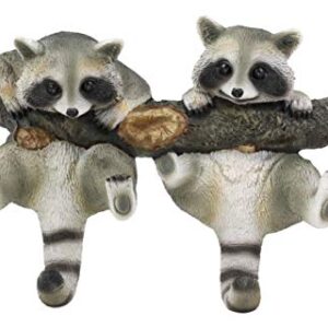 Ebros Whimsical Forest Rustic 2 Playful Raccoons Dangling On Tree Branch 6 Pegs Wall Hooks 9.25" Wide Hanger Raccoon Rodent Themed Wall Mount Coat Hat Keys Hook Decor Hanging Sculpture Plaque