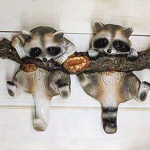 Ebros Whimsical Forest Rustic 2 Playful Raccoons Dangling On Tree Branch 6 Pegs Wall Hooks 9.25" Wide Hanger Raccoon Rodent Themed Wall Mount Coat Hat Keys Hook Decor Hanging Sculpture Plaque