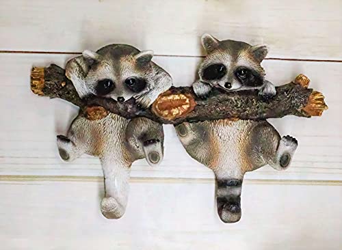 Ebros Whimsical Forest Rustic 2 Playful Raccoons Dangling On Tree Branch 6 Pegs Wall Hooks 9.25" Wide Hanger Raccoon Rodent Themed Wall Mount Coat Hat Keys Hook Decor Hanging Sculpture Plaque