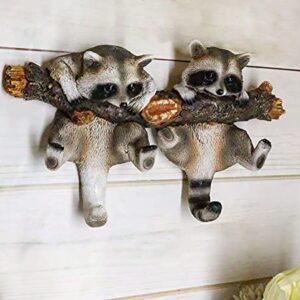 Ebros Whimsical Forest Rustic 2 Playful Raccoons Dangling On Tree Branch 6 Pegs Wall Hooks 9.25" Wide Hanger Raccoon Rodent Themed Wall Mount Coat Hat Keys Hook Decor Hanging Sculpture Plaque