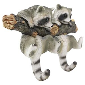 Ebros Whimsical Forest Rustic 2 Playful Raccoons Dangling On Tree Branch 6 Pegs Wall Hooks 9.25" Wide Hanger Raccoon Rodent Themed Wall Mount Coat Hat Keys Hook Decor Hanging Sculpture Plaque