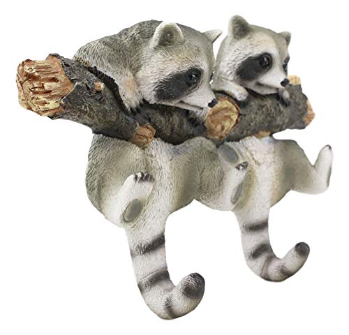 Ebros Whimsical Forest Rustic 2 Playful Raccoons Dangling On Tree Branch 6 Pegs Wall Hooks 9.25" Wide Hanger Raccoon Rodent Themed Wall Mount Coat Hat Keys Hook Decor Hanging Sculpture Plaque