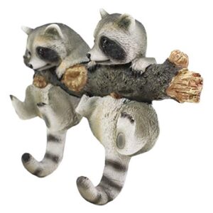 Ebros Whimsical Forest Rustic 2 Playful Raccoons Dangling On Tree Branch 6 Pegs Wall Hooks 9.25" Wide Hanger Raccoon Rodent Themed Wall Mount Coat Hat Keys Hook Decor Hanging Sculpture Plaque