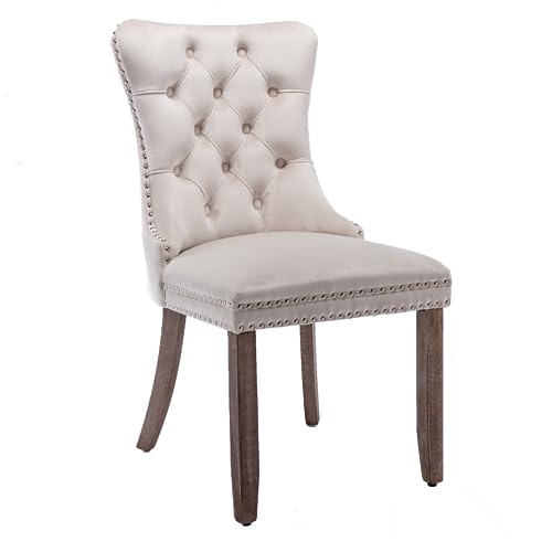 Rhomtree Set of 2 Fabric Dining Chairs Luxury Tufted Back with Nailed Trim and Back Ring Pull Home Kitchen Dining Room Chairs Armless Side Chairs Solid Rubber Wood Legs (Beige)