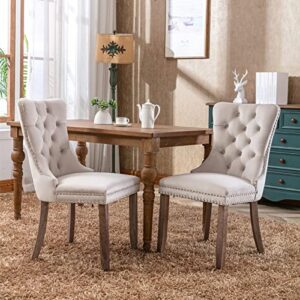 Rhomtree Set of 2 Fabric Dining Chairs Luxury Tufted Back with Nailed Trim and Back Ring Pull Home Kitchen Dining Room Chairs Armless Side Chairs Solid Rubber Wood Legs (Beige)