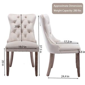 Rhomtree Set of 2 Fabric Dining Chairs Luxury Tufted Back with Nailed Trim and Back Ring Pull Home Kitchen Dining Room Chairs Armless Side Chairs Solid Rubber Wood Legs (Beige)