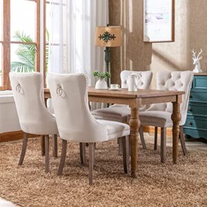 Rhomtree Set of 2 Fabric Dining Chairs Luxury Tufted Back with Nailed Trim and Back Ring Pull Home Kitchen Dining Room Chairs Armless Side Chairs Solid Rubber Wood Legs (Beige)