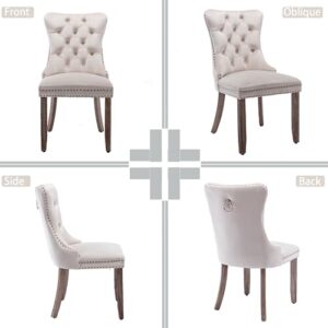 Rhomtree Set of 2 Fabric Dining Chairs Luxury Tufted Back with Nailed Trim and Back Ring Pull Home Kitchen Dining Room Chairs Armless Side Chairs Solid Rubber Wood Legs (Beige)