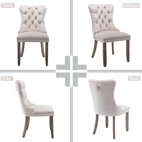 Rhomtree Set of 2 Fabric Dining Chairs Luxury Tufted Back with Nailed Trim and Back Ring Pull Home Kitchen Dining Room Chairs Armless Side Chairs Solid Rubber Wood Legs (Beige)