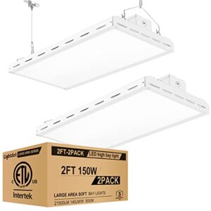 lightdot 2 pack led high bay shop light, 2ft (large area illumination) 150w 21500lm [eqv.600w mh/hps] 5000k linear hanging light for warehouse, energy saving upto 5600kw*2/5yrs(5hrs/day)-etl listed