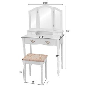 ReunionG Vanity Set w/Stool and Mirror, Multifunction Makeup Table Writing Desk w/Drawers, Trifold Large Mirror and Cushioned Stool, for Home Bedroom Vanity Dressing Table Desk (White)