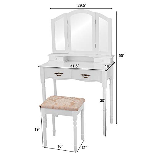 ReunionG Vanity Set w/Stool and Mirror, Multifunction Makeup Table Writing Desk w/Drawers, Trifold Large Mirror and Cushioned Stool, for Home Bedroom Vanity Dressing Table Desk (White)