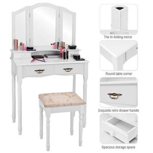 ReunionG Vanity Set w/Stool and Mirror, Multifunction Makeup Table Writing Desk w/Drawers, Trifold Large Mirror and Cushioned Stool, for Home Bedroom Vanity Dressing Table Desk (White)