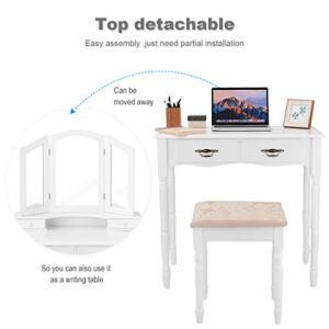 ReunionG Vanity Set w/Stool and Mirror, Multifunction Makeup Table Writing Desk w/Drawers, Trifold Large Mirror and Cushioned Stool, for Home Bedroom Vanity Dressing Table Desk (White)