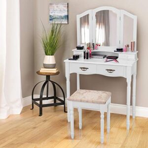 ReunionG Vanity Set w/Stool and Mirror, Multifunction Makeup Table Writing Desk w/Drawers, Trifold Large Mirror and Cushioned Stool, for Home Bedroom Vanity Dressing Table Desk (White)