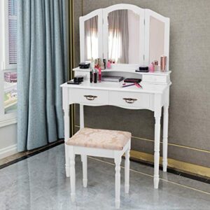 ReunionG Vanity Set w/Stool and Mirror, Multifunction Makeup Table Writing Desk w/Drawers, Trifold Large Mirror and Cushioned Stool, for Home Bedroom Vanity Dressing Table Desk (White)