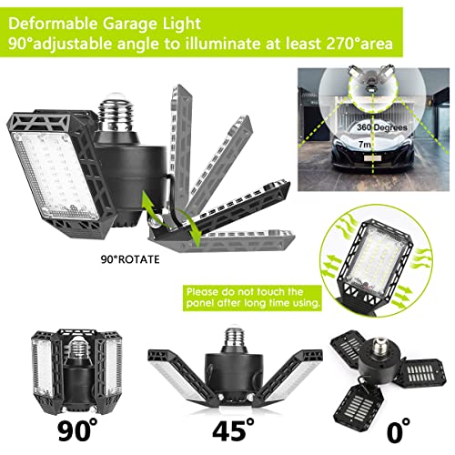 4 Pack Led Garage Lights, 60W Deformable Garage Ceiling Light 8000lm E26 Basement Lights with 3 Adjustable Led Panels 270° – Fits for Garage, Warehouse, Barn, Workshop and Yard (No Motion Activated)