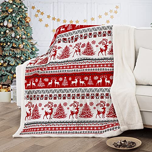 Christmas Throw Blanket Snowflake Red Elk Christmas Tree Printed Sherpa Fleece Blanket Fuzzy Warm Throw Blanket for Bedding Couch 50x60 inches