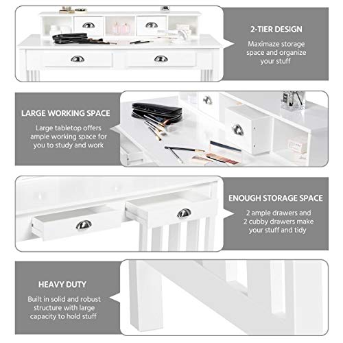 Yaheetech Modern Computer Desk with Removable Tier, 41.7in Girls' Wooden Standing Desk Laptop PC Table Writing Desk with 4 Drawers & Solid Wood Legs for Home Office, Study Workstation, White