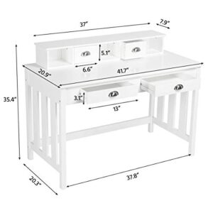 Yaheetech Modern Computer Desk with Removable Tier, 41.7in Girls' Wooden Standing Desk Laptop PC Table Writing Desk with 4 Drawers & Solid Wood Legs for Home Office, Study Workstation, White