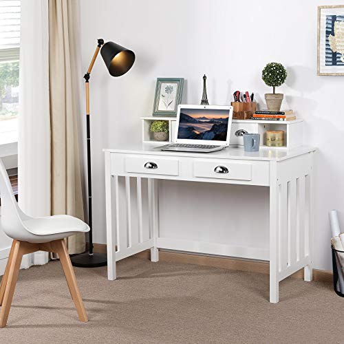 Yaheetech Modern Computer Desk with Removable Tier, 41.7in Girls' Wooden Standing Desk Laptop PC Table Writing Desk with 4 Drawers & Solid Wood Legs for Home Office, Study Workstation, White