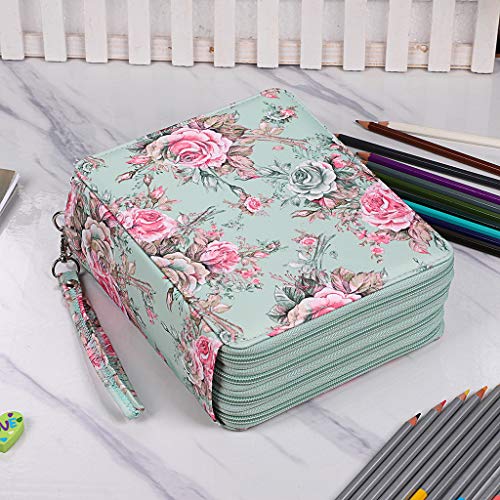 BTSKY Colored Pencil Case- 160 Slots Pencil Holder Pen Bag Large Capacity Pencil Organizer with Handle Strap Handy Colored Pencil Box with Printing Pattern Rose