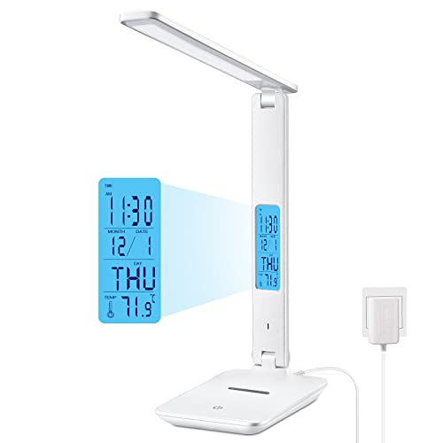 Desk Lamp LED Desk Light, Smart Features(Clock, Alarm, Date, Temperature)-Adjustable, Foldable Touch Table Lamp, 3 Levels of Dimmable Lighting - Suitable for Office, Bedroom, Study (TC25 White)