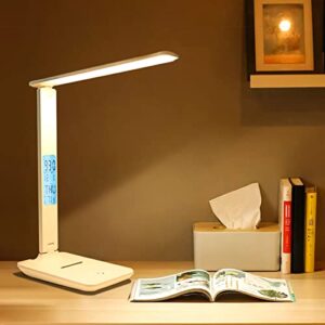 Desk Lamp LED Desk Light, Smart Features(Clock, Alarm, Date, Temperature)-Adjustable, Foldable Touch Table Lamp, 3 Levels of Dimmable Lighting - Suitable for Office, Bedroom, Study (TC25 White)