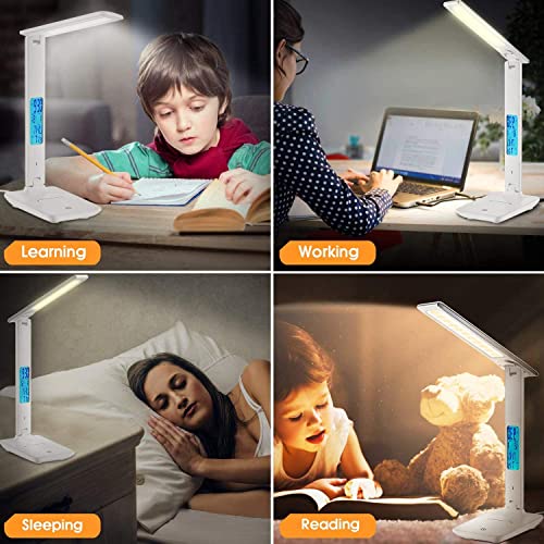 Desk Lamp LED Desk Light, Smart Features(Clock, Alarm, Date, Temperature)-Adjustable, Foldable Touch Table Lamp, 3 Levels of Dimmable Lighting - Suitable for Office, Bedroom, Study (TC25 White)