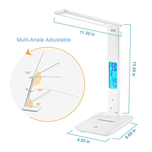 Desk Lamp LED Desk Light, Smart Features(Clock, Alarm, Date, Temperature)-Adjustable, Foldable Touch Table Lamp, 3 Levels of Dimmable Lighting - Suitable for Office, Bedroom, Study (TC25 White)