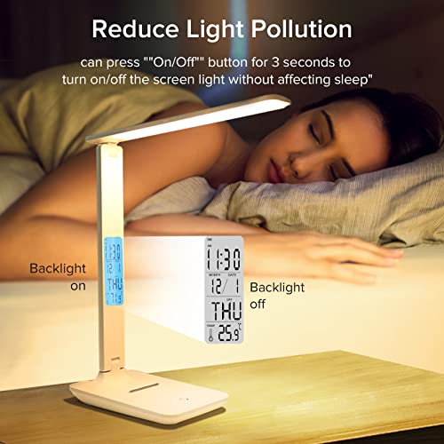 Desk Lamp LED Desk Light, Smart Features(Clock, Alarm, Date, Temperature)-Adjustable, Foldable Touch Table Lamp, 3 Levels of Dimmable Lighting - Suitable for Office, Bedroom, Study (TC25 White)