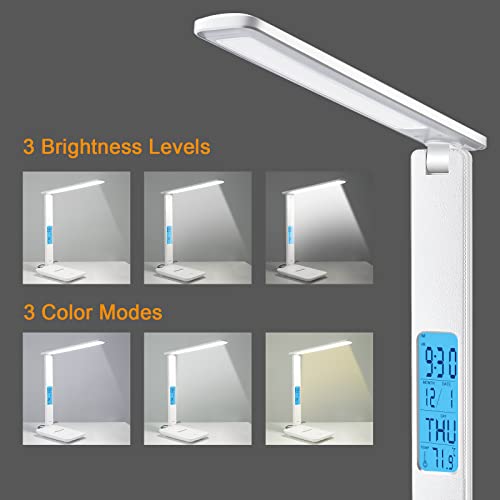 Desk Lamp LED Desk Light, Smart Features(Clock, Alarm, Date, Temperature)-Adjustable, Foldable Touch Table Lamp, 3 Levels of Dimmable Lighting - Suitable for Office, Bedroom, Study (TC25 White)