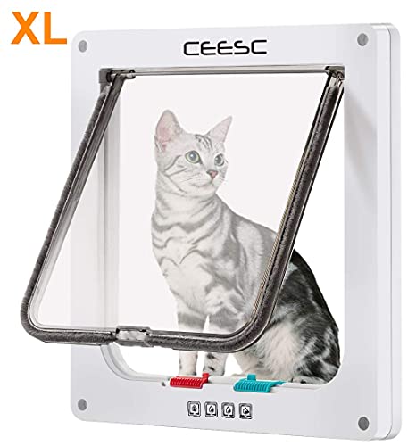 CEESC Large Cat Door (Outer Size 11" x 9.8"), 4 Way Locking Cat Door for Windows & Sliding Glass Door, Weatherproof Cat Flap Door for Cats & Doggie with Circumference < 24.8"