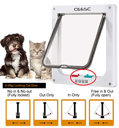 CEESC Large Cat Door (Outer Size 11" x 9.8"), 4 Way Locking Cat Door for Windows & Sliding Glass Door, Weatherproof Cat Flap Door for Cats & Doggie with Circumference < 24.8"