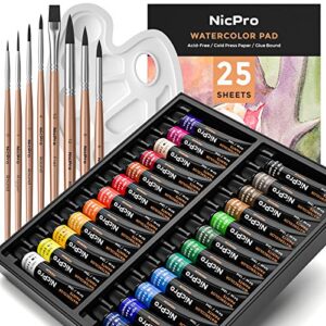 nicpro 60pcs watercolor paint kit, professional painting supplies set 24 tube water color paints, 8 synthetic squirrel brushes, 25 paper pad, palette, color wheel for artists, beginners, kids, adults