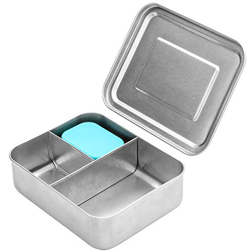 WeeSprout 18/8 Stainless Steel Bento Box (Compact Lunch Box) - 3 Compartment Metal Lunch Containers, for Kids & Adults, Bonus Dip Container, Fits in Lunch Bag & Backpack