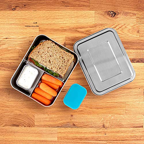 WeeSprout 18/8 Stainless Steel Bento Box (Compact Lunch Box) - 3 Compartment Metal Lunch Containers, for Kids & Adults, Bonus Dip Container, Fits in Lunch Bag & Backpack