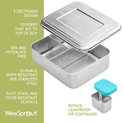 WeeSprout 18/8 Stainless Steel Bento Box (Compact Lunch Box) - 3 Compartment Metal Lunch Containers, for Kids & Adults, Bonus Dip Container, Fits in Lunch Bag & Backpack