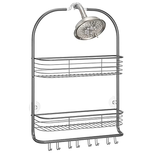 mDesign Extra Wide Hanging Shower Caddy Storage Organizer, Metal Wire Bathroom Organization Center with Built-in Hooks and Baskets on 2 Levels for Shampoo, Body Wash, Loofahs - Graphite Gray