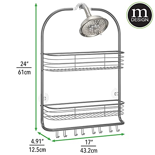 mDesign Extra Wide Hanging Shower Caddy Storage Organizer, Metal Wire Bathroom Organization Center with Built-in Hooks and Baskets on 2 Levels for Shampoo, Body Wash, Loofahs - Graphite Gray