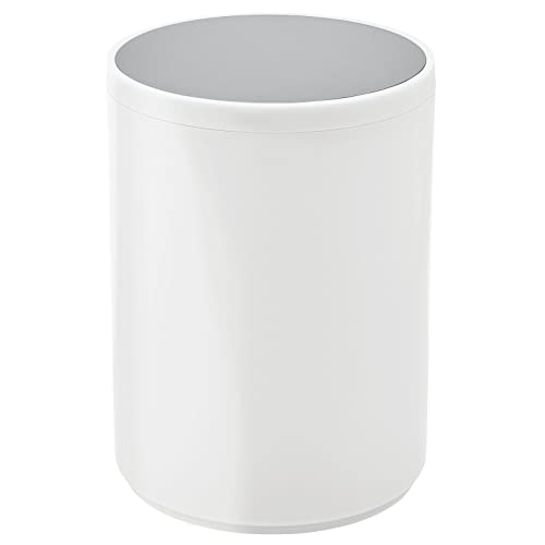 mDesign Plastic Small Slim Round 1.7 Gallon/6.5 Liter Trash Can with Removable Swing Lid - Wastebasket, Garbage Container Basket Bin for Master/Guest Bathroom - Holds Rubbish/Recycle - White/Gray