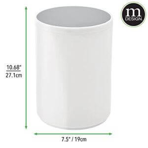 mDesign Plastic Small Slim Round 1.7 Gallon/6.5 Liter Trash Can with Removable Swing Lid - Wastebasket, Garbage Container Basket Bin for Master/Guest Bathroom - Holds Rubbish/Recycle - White/Gray