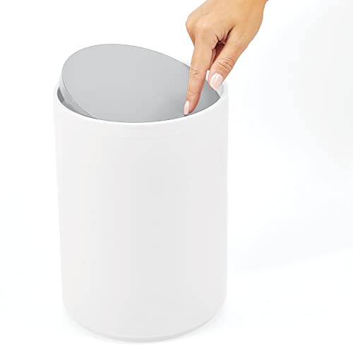 mDesign Plastic Small Slim Round 1.7 Gallon/6.5 Liter Trash Can with Removable Swing Lid - Wastebasket, Garbage Container Basket Bin for Master/Guest Bathroom - Holds Rubbish/Recycle - White/Gray